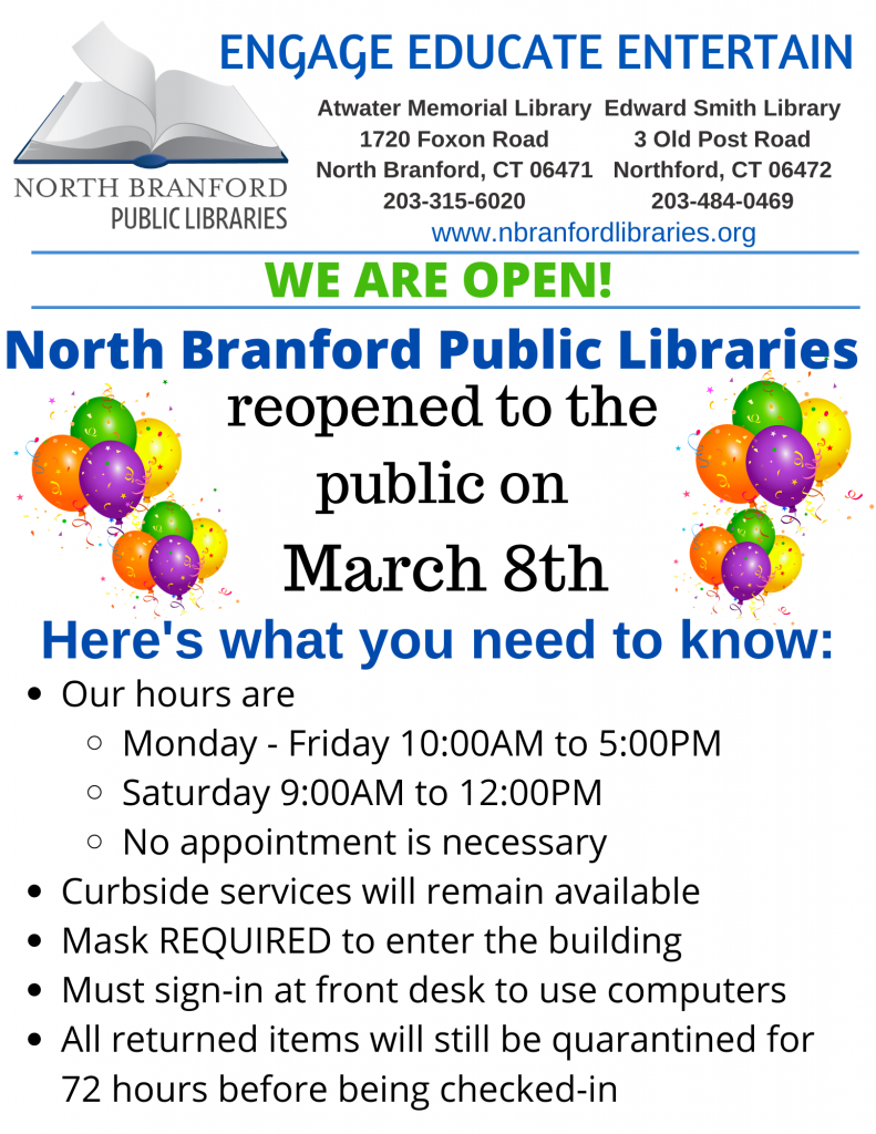 Re-opening Announcement! – North Branford Libraries